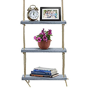 Sorbus Wood Hanging Shelf 3-Tier Rustic Wood Swing Storage Shelves Rope Organizer Rack, Floating Display Shelves (Grey)