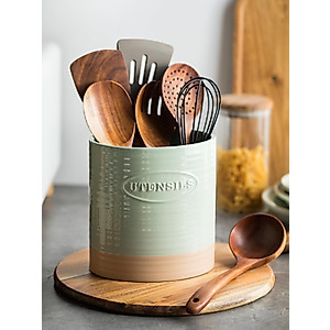 YHOSSEUN Kitchen Utensil Holder, Ceramic Utensil Holder for Kitchen Counter Cooking Utensil Crocks, 6.7" Kitchen Tool Holder Farmhouse Utensil Organizer Storage, Oval Opening, Green