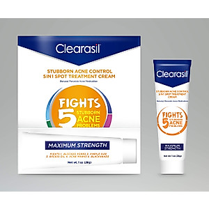 Clearasil Stubborn Acne Control 5 in 1 Spot Treatment Cream, Maximum Strength, Benzoyl Peroxide Acne Medication, Fights Blocked Pores, Pimple Size, Excess Oil, Acne Marks & Blackheads, 1 oz.