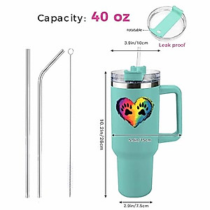 40 ounce insulated cup with handle, double-layer vacuum stainless steel material, equipped with straw, can keep warm or maintain cold drinks Love Rainbow Paw Animal 2 Lake Green