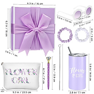 Sieral 9 Pcs Flower Girl Proposal Gifts Set Personalized Flower Girl Tumbler with Straw Bride Gift Box Canvas Bag Sunglasses Hair Ring Diamond Pen Envelope Bride Gift for Wedding(Purple,Retro)