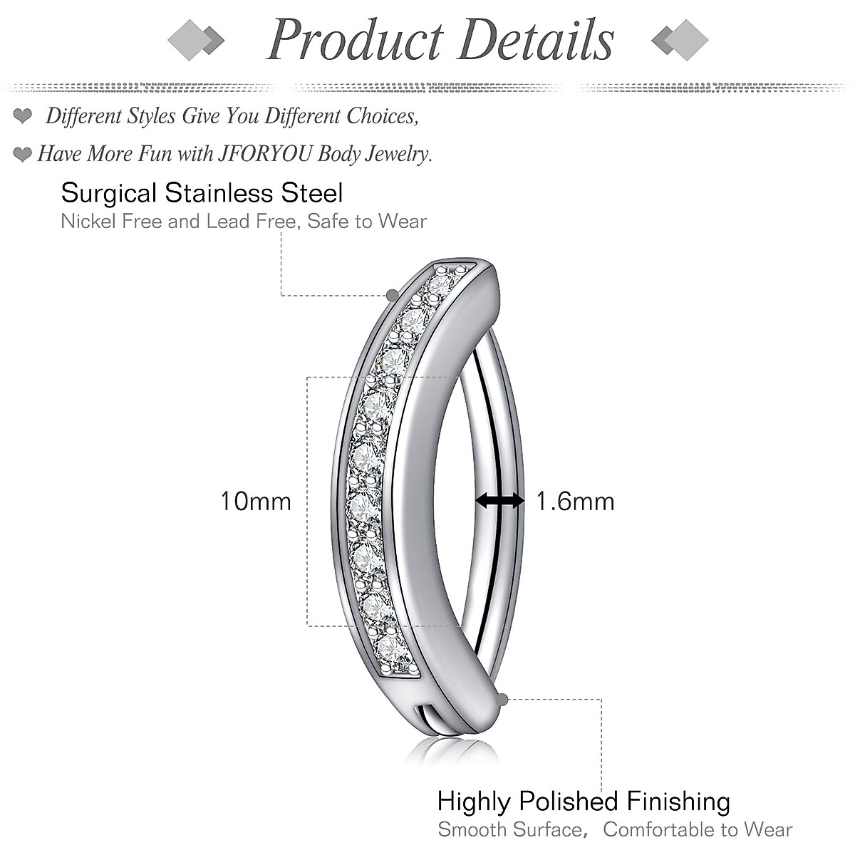 JFORYOU Silver Clicker Belly Button Rings Surgical Steel 14G Belly Navel Rings Triple CZ Top Design