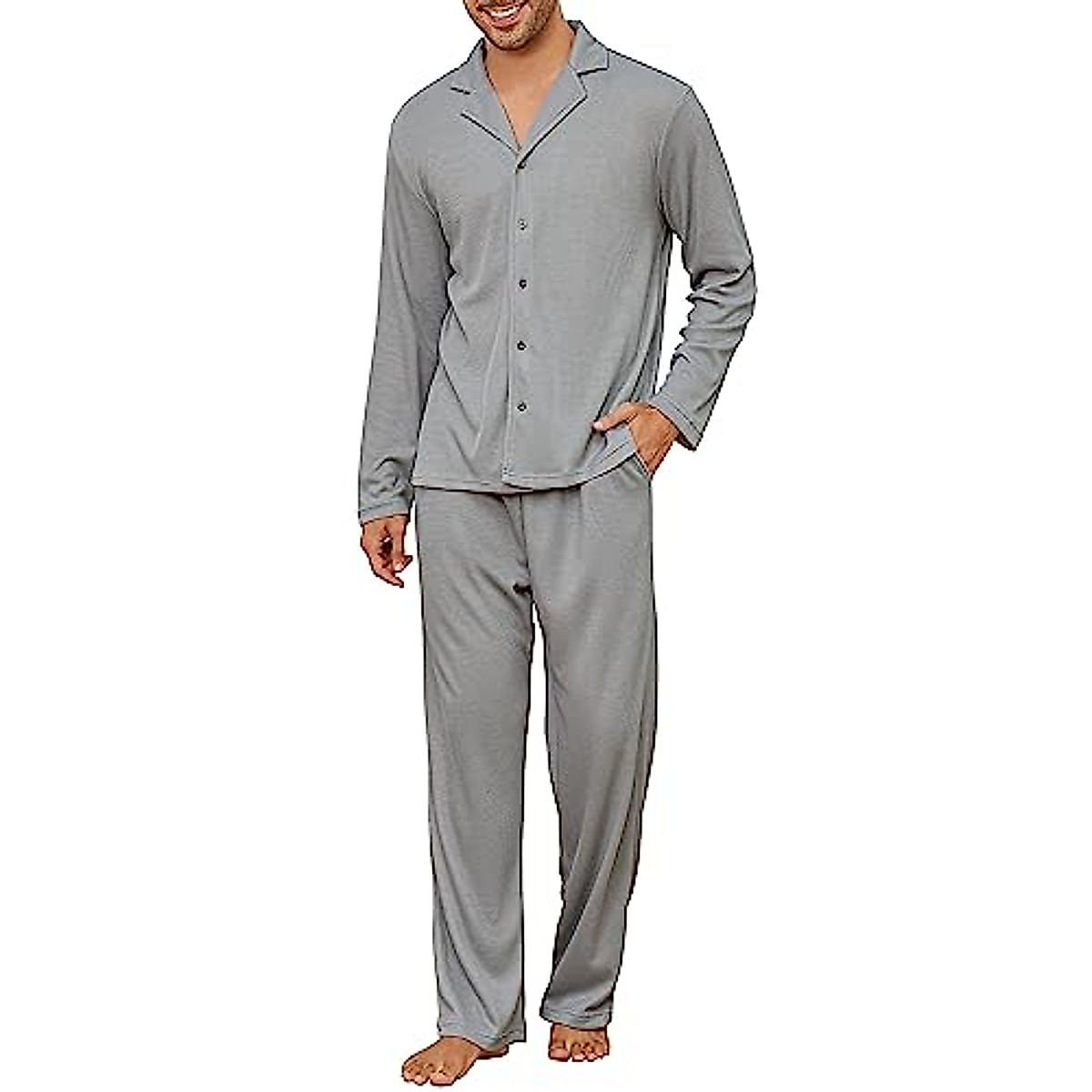 Andeip Mens Sleepwear Mens Pajamas Set Waffle Knit Long Sleeve Pjs Matching Lounge Set Light Grey L