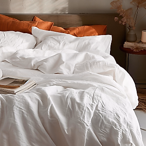 Bedsure 100% Washed Cotton Duvet Cover Queen Size - Natural White Minimalist Duvet Cover for All Seasons - 3 Pieces Plain Simple Cotton Duvet Cover Set with 2 Pillow Shams (White, Queen, 90"x90")