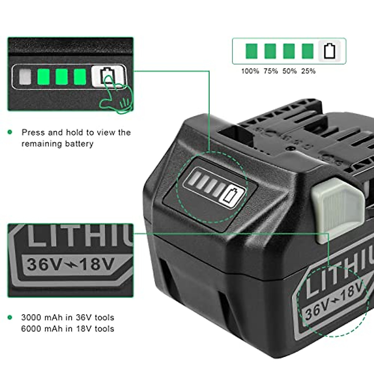 High-Output Multi Volt 6.0Ah/ 3.0Ah Battery for Metabo HPT 36V/ 18V MultiVolt Lithium Ion Battery, Slide Style 372121M /371751M