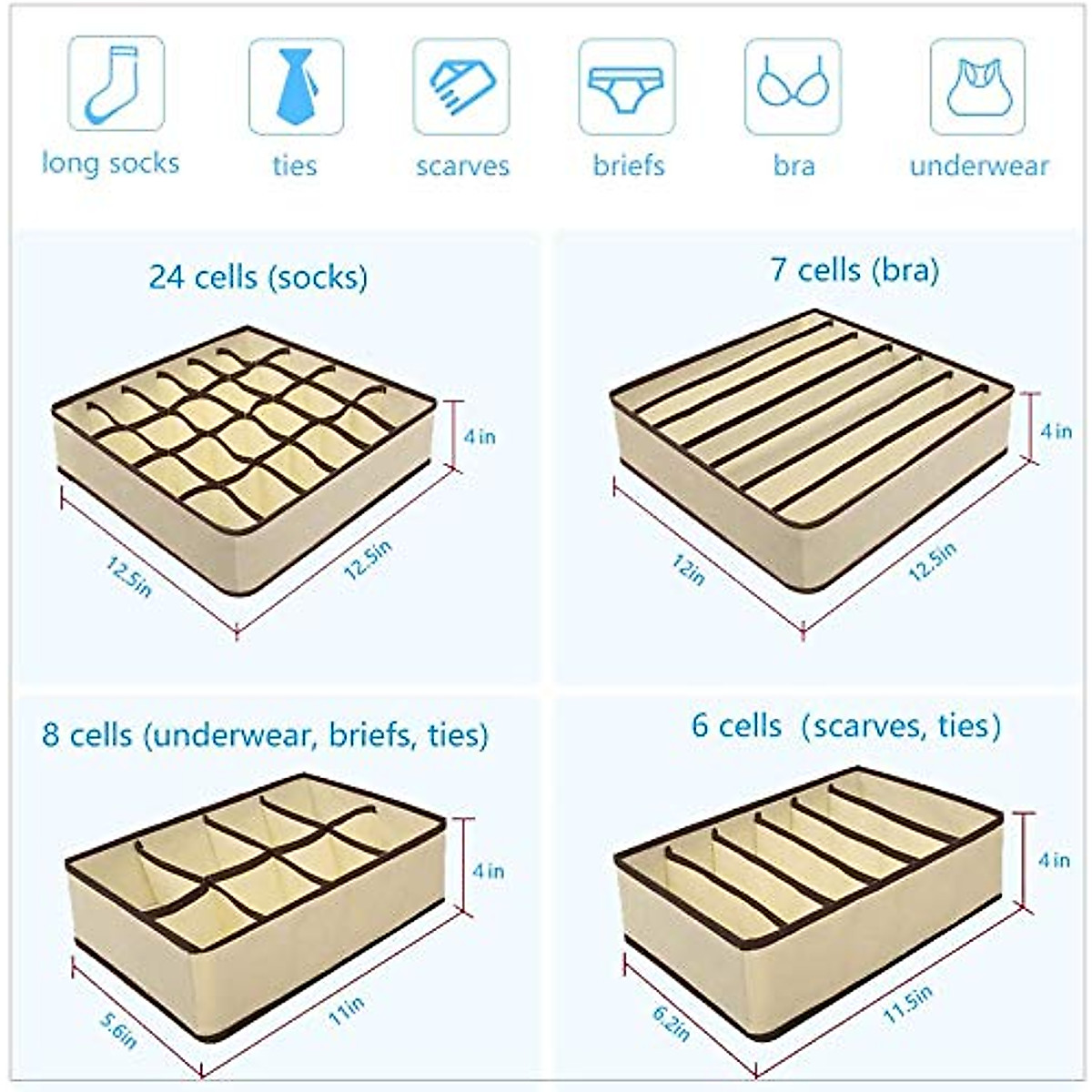 Bofoho 4 Pieces Pack Closet Dresser Drawer Divider Closet Organizer - Large Capacity Combination Bins for Socks, Panties, Ties, Belts, Bra. Washable & Foldable Non-woven Fabric Storage Boxes (white)