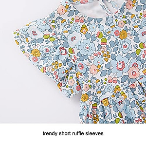 pureborn Baby Girls Ruffled Sleeve Dress Cotton Swing Dress Casual with Headband Bloomer 3-6 Months Floral Blue