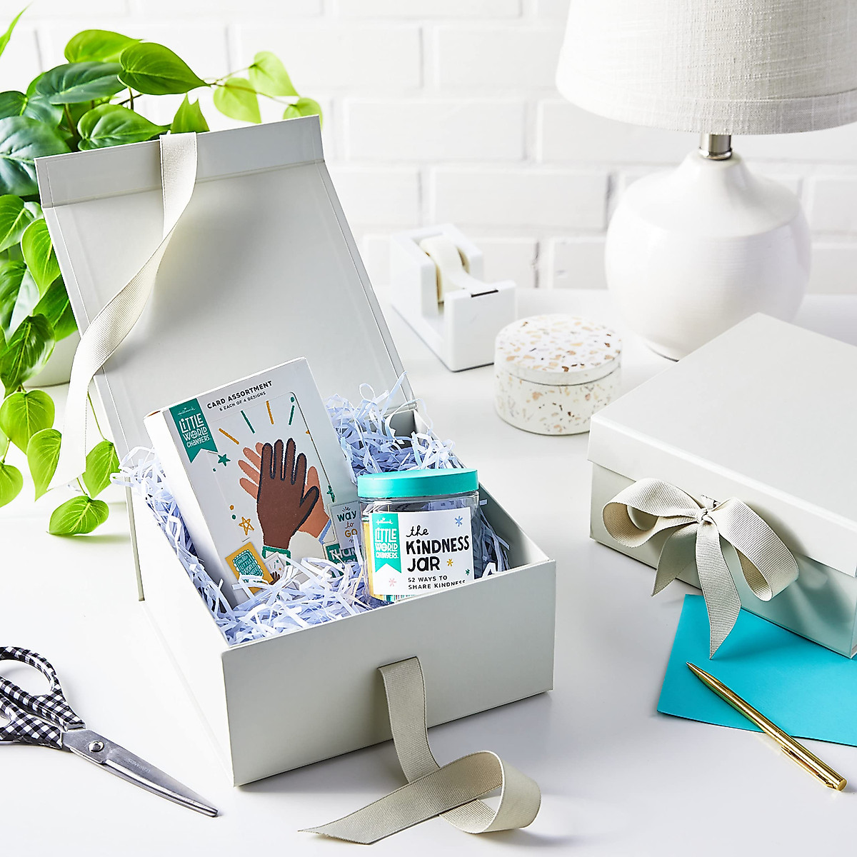 Hallmark Medium Gift Boxes with Bow and Shredded Paper Fill, Pack of 2 (Antique White 8 inch Box) for Weddings, Bridal Showers, Graduations, Birthdays, Bridesmaids Gifts, All Occasion