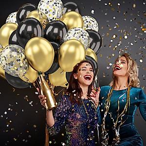Black Gold Confetti Party Balloons, 50 pack Gold Metallic and Black Gold Silver Confetti Latex balloons for Graduation Birthday Wedding Anniversary New Year Party Decorations