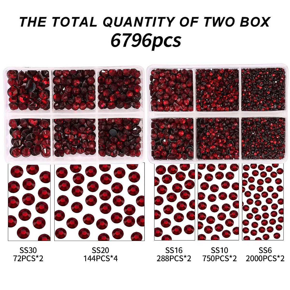MEIBITE 6796PCS Red Hotfix Rhinestones Crystal Stones Glass for Fabric Clothes Shirts Sparkly Flat Back Round with Tweezers and Picking Pen (SS6~SS30 Set)