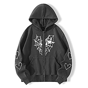 LMSXCT Women Y2K Spider Web Love Heart Hoodies Punk Jacket Coat Streetwear Goth Harajuku Oversized Zip Up Hooded Sweatshirt Dark Gray