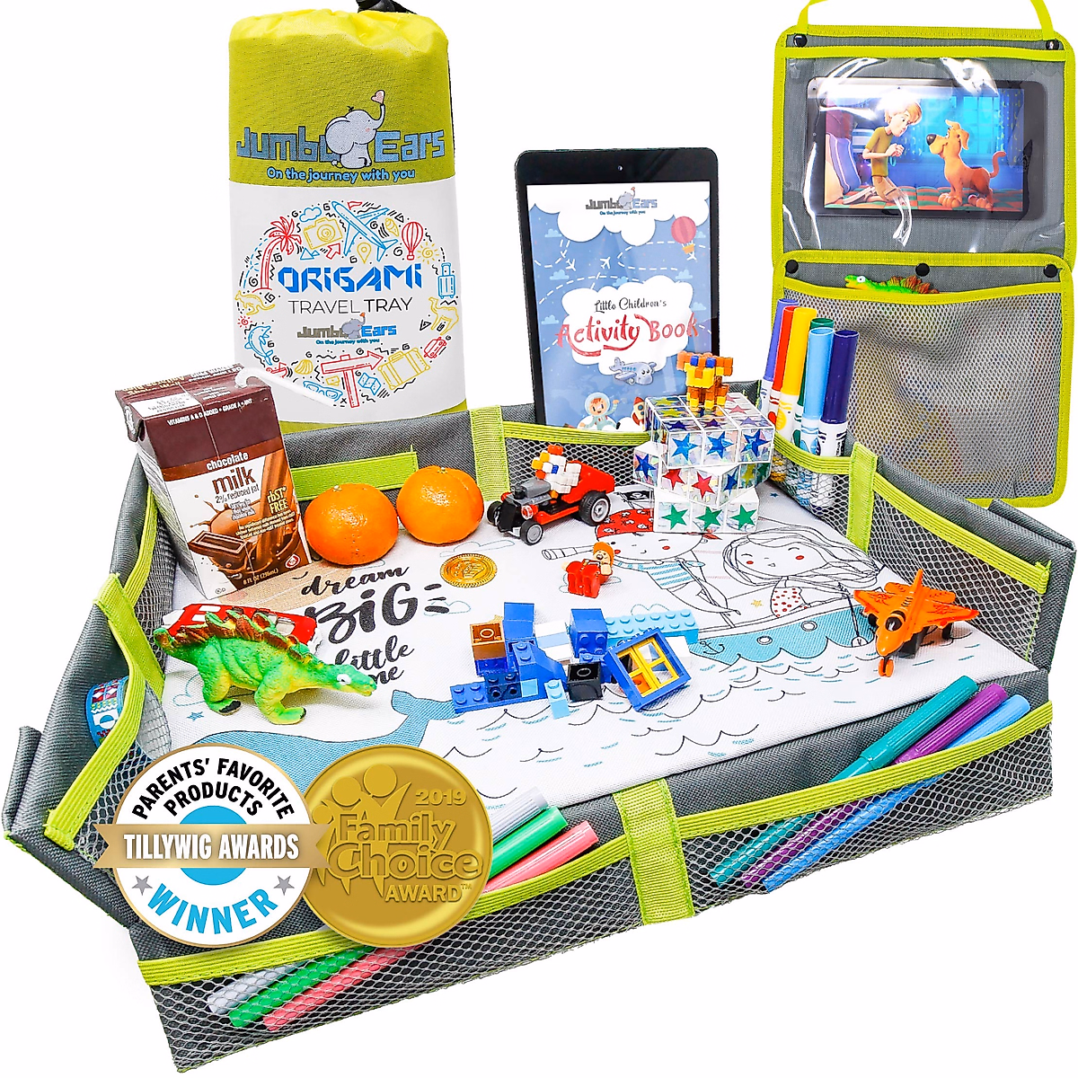 Jumbo Ears Origami Kids Travel Tray Placemat Cover -Gray- Foldable and Easy to Setup with Bonus Portable Multipurpose Side Pockets Organizer for Tablets and Phones Activities or Snacks for Toddler