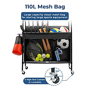 StorageWorks 110L Garden Tool Organizer, Multipurpose Garden Organizer for Yard Tool, Rolling Sports Equipment Organizer, Mop and Broom Rack, Garage Storage with Wheels, Black, 1 pack