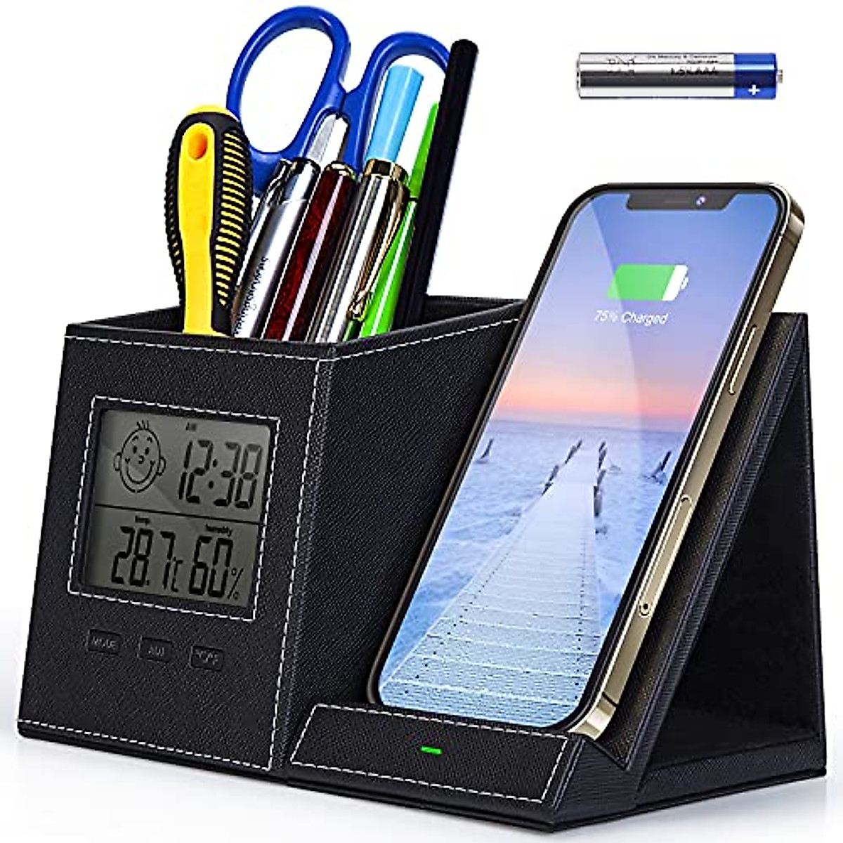 Pen Holder, Pen Organizer for Desk with Wireless Charger, Digital Indoor Thermometer and Humidity Gauge, Desk Organizers and Storage, Multifunctional Home Office Organizers for Desk (Battery Included)
