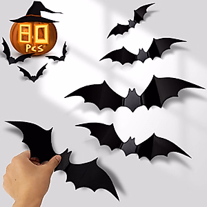 Halloween Bats Wall Decor, 80 Pcs 3D Plastic Bats Decorations Party Supplies Reusable DIY Decorative PVC Black Scary Large Bat Stickers Indoor Outdoor Gothic Decals for Window Office Kitchen Bathroom
