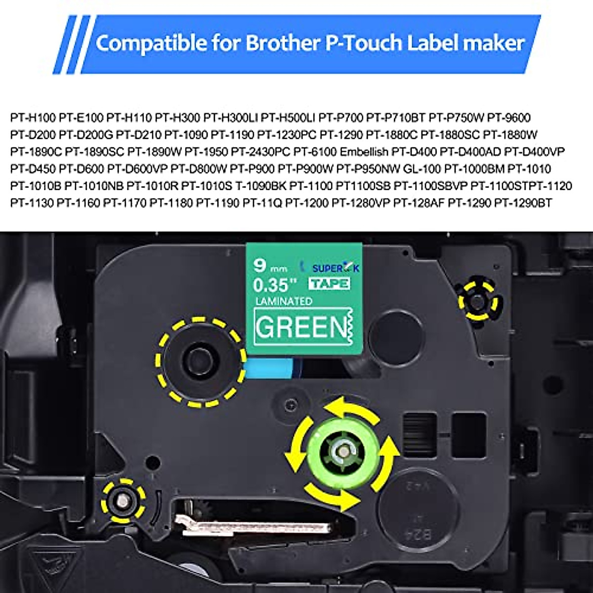 USUPERINK 5PK Compatible for Brother P-Touch Label Maker Tape TZe-725 TZ-725 TZe725 TZ725 White on Green 9mm 3/8 inch 0.35'' x 26.2ft Laminated TZe TZ Label Tape for PT-H100 E100 H110 H300