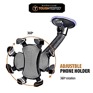 ToughTested Mammoth Windshield Mobile Mount, Features Double-Ribbed Gooseneck Arm, Expandable Claw Grip Holder with 360 Degree Rotation, Extra Large Suction Cup, Quick Release Button
