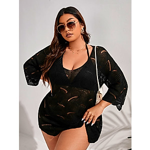 MakeMeChic Women's Plus Size Swimsuit Crochet Cover Up Bathing Suit Beach Dress Black 3XL