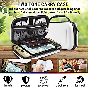 Orzly Accessory Bundle kit for Nintendo Switch Oled Accessories Essentials Pack Case and Screen Protector Comfort Grip Cover Headphones charger cable Games holder and more - Gift boxed OLED Edition