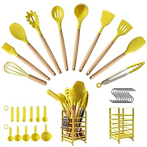hecef Kitchen Utensils Set, 32 PCS Silicone Cooking Utensils Set with Stainless Steel Holder, 446°F Heat Resistant Food Grade Kitchen Gadgets Tools Set Wooden Handle for Nonstick Cookware (Yellow)