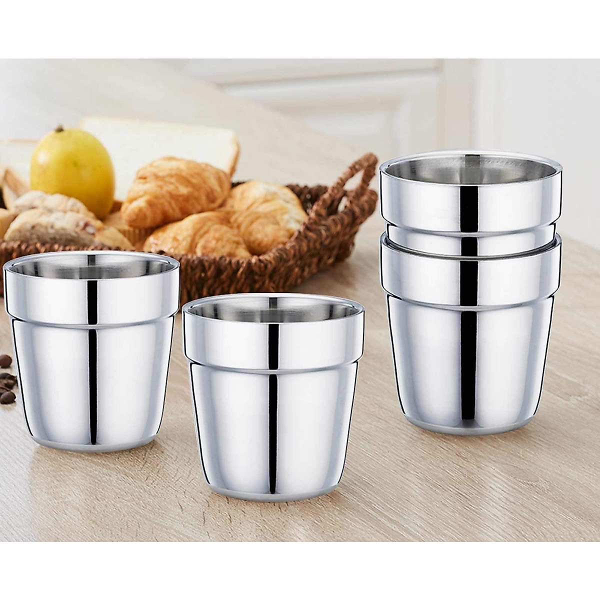TeamFar Coffee Cup Espresso Cup Mug Set of 4, Double Wall Stainless Steel Tea Cups, Reusable & Stackable, Mirror Finish & Dishwasher Safe - 6 Ounce
