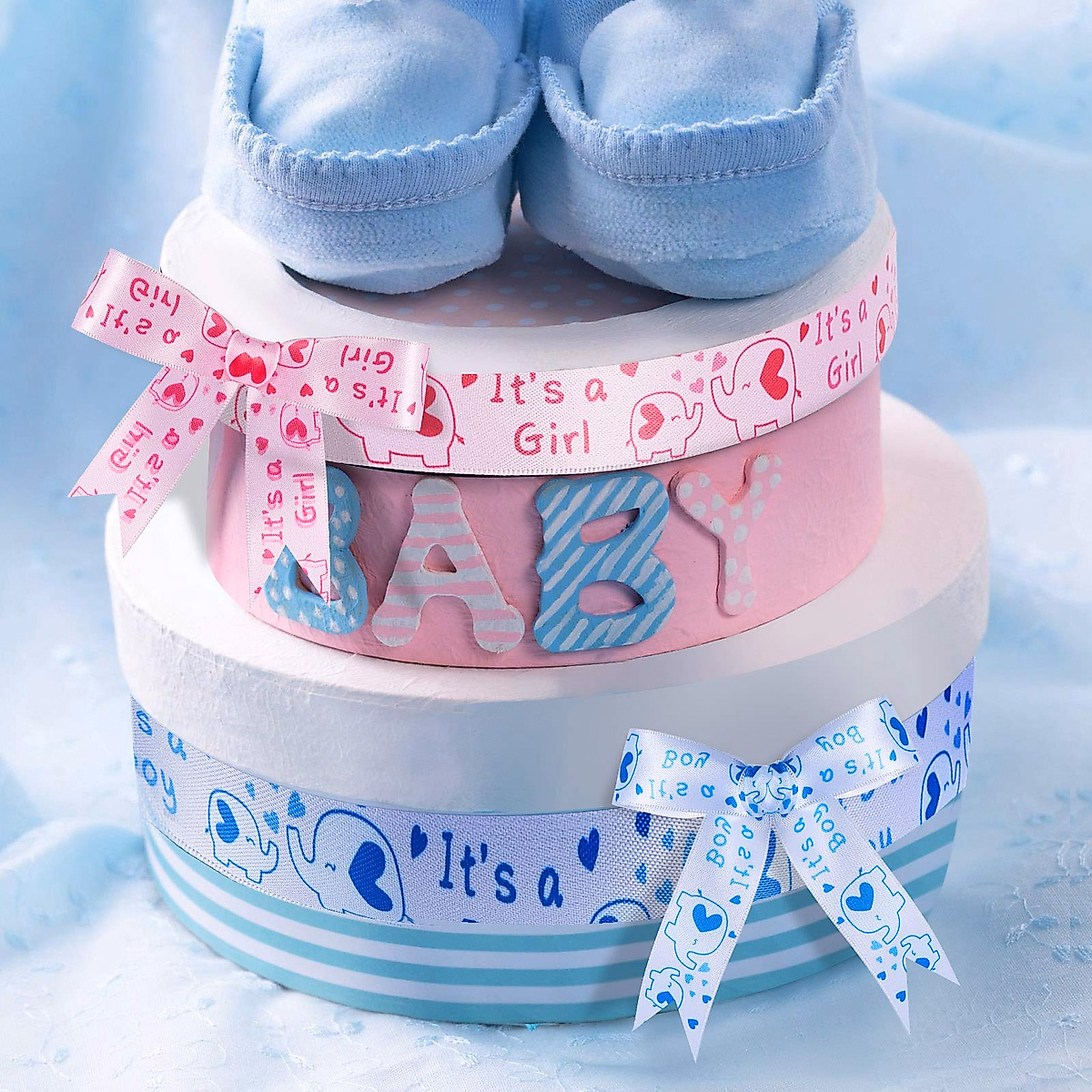 2 Rolls/ 20 Yards Elephant Satin Ribbon Baby Shower Theme Satin Ribbon Birthday Theme Gender Reveal Wrapping Ribbons for DIY Hair Bows Wreath Baby Shower Decoration Diaper Cake Wrapping, 2 Styles