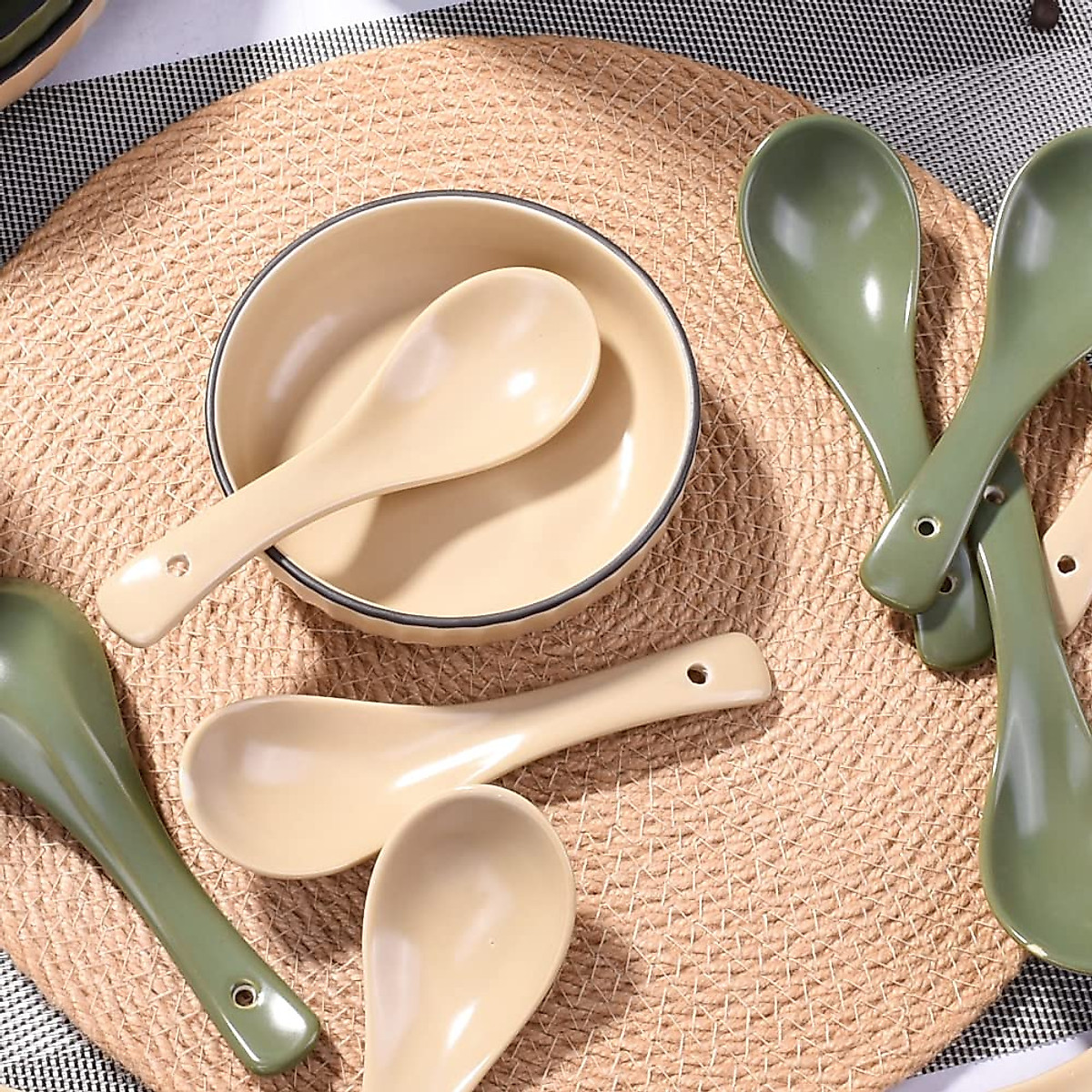 Ceramic Soup Spoons Set of 6 Nordic Style Small Spoon for Ramen Pho Dessert Ice Cream Wonton Beige