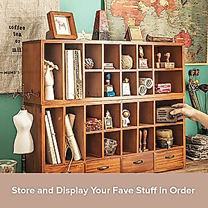 Wood Cabinet Floating Shelves (Set of 2) - Includes 1 Cubby Shelf w/ 12 Slots & 4 Drawers and 1 Wide Wooden Shelf - Stackable Farmhouse Decor Walnut Wood Cabinet - Total of 26 Compartments