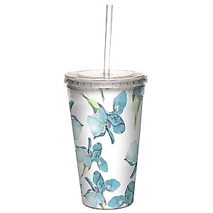 Tree-Free Greetings Delicate Turquoise Watercolor Lilies by Shell Rummel 16 Ounce Artful Double-Walled Cool Cup with Reusable Straw