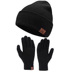 Winter Warm Beanie Hat Touchscreen Gloves Set, Soft Skull Cap Gloves Set for Men and Women with Warm Knit Fleece Lined