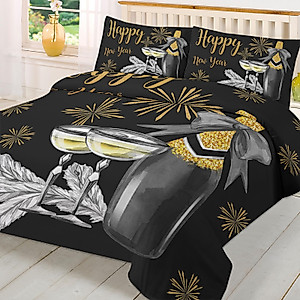 ZOE GARDEN Happy New Year Bed Duvet Cover Queen Size, Washed Patterned Textured Duvet Cover Sets with Zipper & Tiers, Microfiber Soft Comforter Thick Luxury Quilt Cover Black Gold Silver