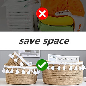 GIBZ Jute Storage Baskets with Tassel, Decorative Natural Round Basket Set Home Organizer for Bedroom, Nursery, Living Room, Bathroom Beige Set of 3