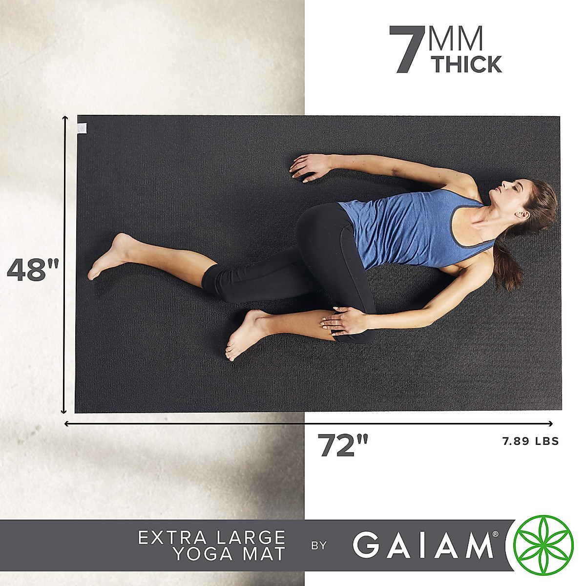Gaiam Yoga Mat - Large 7mm Thick Yoga Mat for Men & Women | Extra Wide & Long Exercise Mat for Yoga, Pilates, Stretching & Floor Workouts (72" L x 48" W x 7mm) - Black