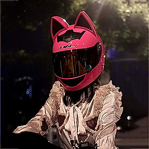 Cat Ear Motorcycle Helmet,Men and Women Cool Cute Cat Full Face Helmet,DOT Certification Standard,Suitable for All Seasons,Pink,M