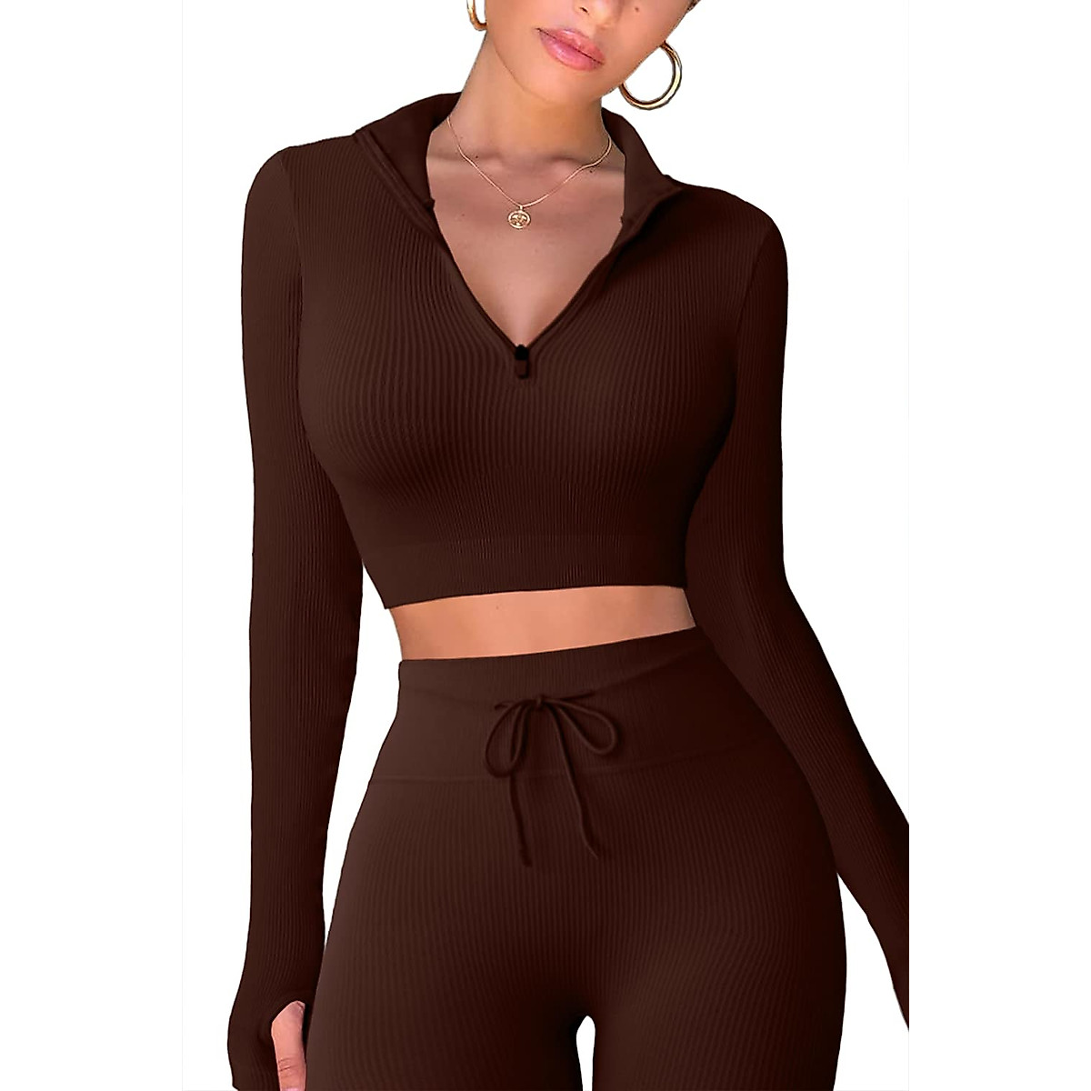 QINSEN Women Winter Workout Sets Funnel Neck Long Sleeve Sport Shirt Tummy Control Fitted Yoga Pants 2 Pieces Tracksuit Coffee M