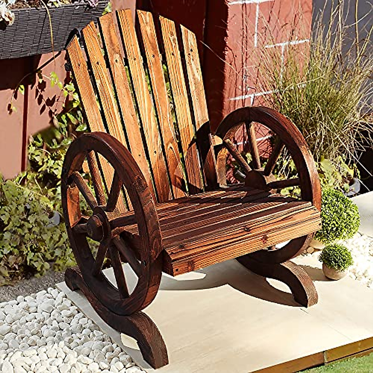 PatioFestival Adirondack Chairs Set of 2 Brown Outdoor Wooden Patio Chair with Wagon Wheel Armrest Wood Knots