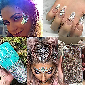 Silver Holographic Chunky Cosmetic Glitter Body Hair Face Eye Nail for Festival Carnival Concert Party Beauty Rave Accessories Different Sizes&Shapes ✮14g + Quick Dry Primer Glue Gel(5ml)