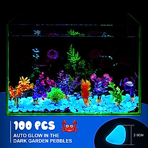 Jexine 100 Pcs Fish Tank Rocks Glow Blue, Fish Tank Stones Accessories Gravel with 10 Pack Artificial Aquatic Plants Fish Tank Plants Plastic Coral Reef Decorations for Aquariums