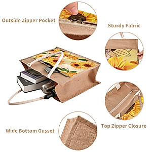 Aslsiy Jute Tote Bags,Yellow Sunflower Grocery Shopping Bags, Reusable Burlap Straw Beach Bag with Handles Zipper for DIY Art Crafts, Decoration, Printing 17"