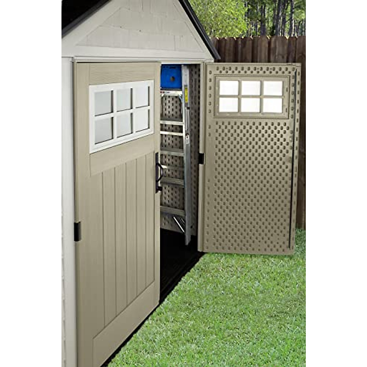 Rubbermaid Resin Weather Resistant Outdoor Storage Shed, 7 x 7 ft. , Faint Maple/Onyx/Sandstone, for Garden/Backyard/Home/Pool