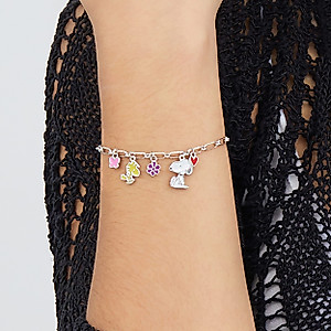 PEANUTS Womens Adjustable Lariat Charm Bracelet - Silver Plated Enamel Charm Bracelet with Snoopy - Official License