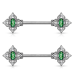 Forbidden Body Jewelry Pair of Surgical Steel 9/16 Inch Posh Floral Synthetic Opal Center Nipple Barbells, Dark Green