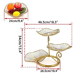OwnMy 3-Tier Fruit Basket Stand Decorative Iron Fruit Bowl, Metal Wire Fruit Holder Storage Trays Table Countertop Holder for Vegetables Bread Snack, Modern Fruit Bowls for Kitchen Home Use (Gold)
