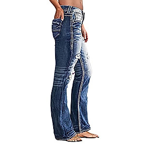 Flamingals Distressed Jeans for Women Mid Waist Ripped Flare Jeans Denim Pants 2023 Trendy Mid Blue L