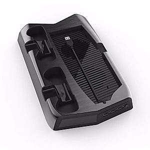 PS 5 Vertical Stand with Cooling Fan for Digital and Disk Edition, Charging Station Dock with Dual Controller Fast Charger Ports and Retractable Game Storage for PS 5 and Controllers