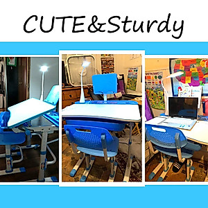 Yinleader Kids Desk and Chair Set,Height Adjustable,Spacious Storage Drawer,with Adjustable Tilted Desktop, Bookstand, Touch Led Lamp for School Student (Blue Set)