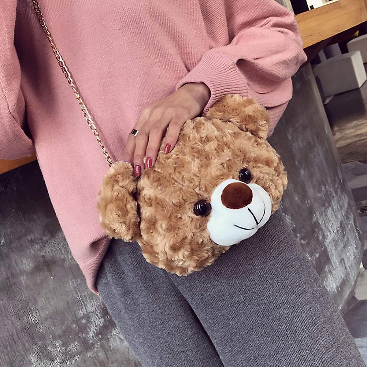 VALICLUD Storage Bag Crossbody Bag Cute Bags Lovely Cartoon Shaped Shoulder Bag Plush Chain Bag for Girls Women Head Bags Coffee Bear Purse Plush Shoulder Bag