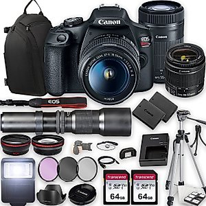 Canon EOS Rebel T7 DSLR Camera w/EF-S 18-55mm f/3.5-5.6 is II Lens + EF-S 55-250mm f/4-5.6 is STM Lens + 500mm f/8 Focus Lens + 2X 64GB Memory + Case + Filters + Tripod + More (35pc Bundle)