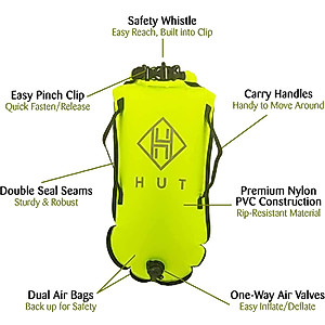 HUT Swim Buoy Dry Bag - Premium Tow Float and Watertight Dry Bag for Open Water Swimmers, Triathletes. High Visibility Safety Swim Buoy, Two air Chambers - be seen be Safe (20L)