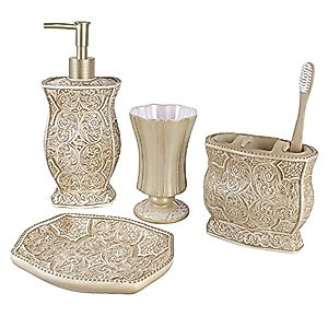 Creative Scents Beige Bathroom Accessories Set - Decorative Bathroom Accessory Set - 4 Piece Bathroom Set Features: Soap Dispenser, Toothbrush Holder, Tumbler, and Soap Dish (Victoria Collection)